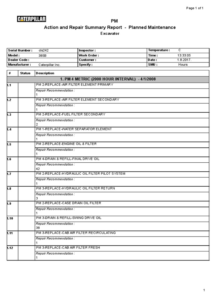 PM Action and Repair Summary Report - Planned Maintenance: Excavator ...