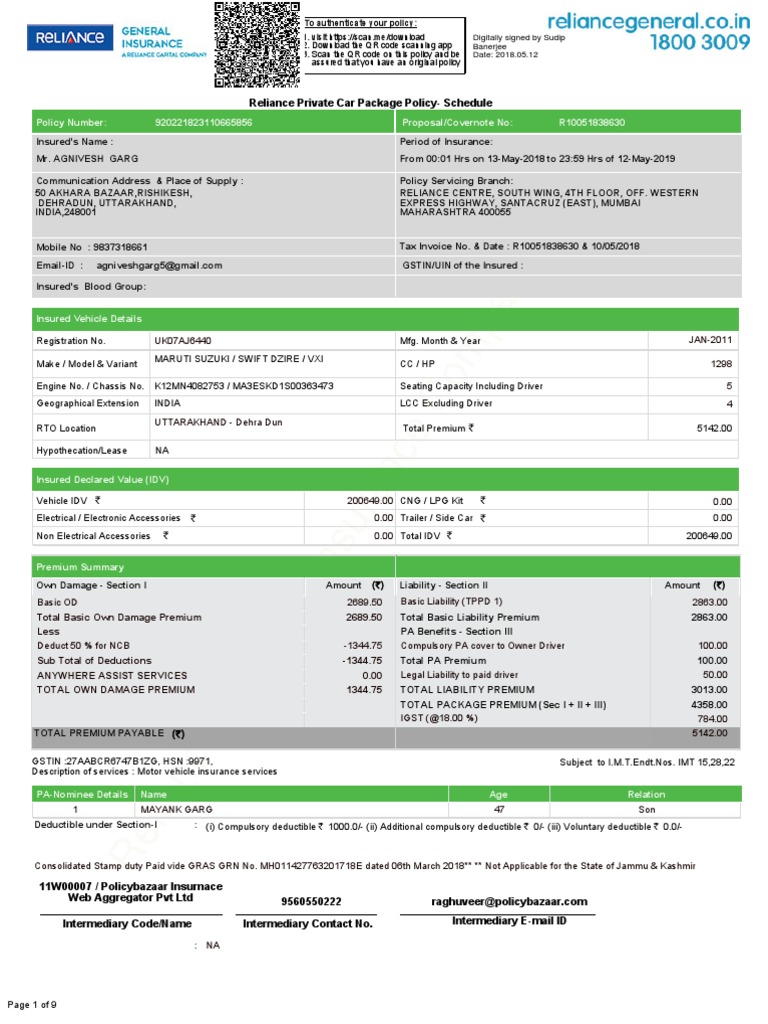 Reliance General Insurance Company Limited: Reliance Private Car ...