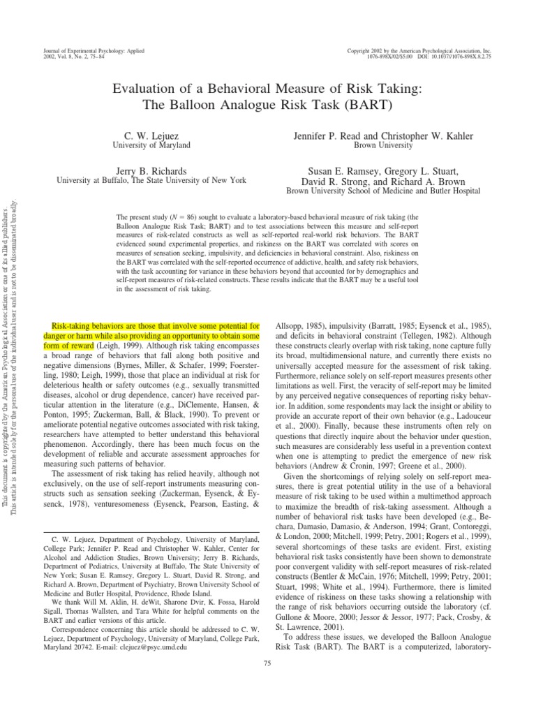 Evaluation of A Behavioral Measure of Risk Taking The Balloon Analogue ...