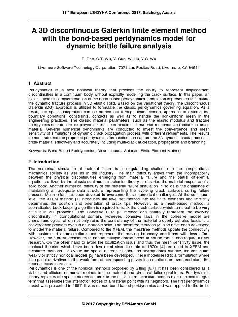 A 3D Discontinuous Galerkin Finite Element Method With The Bond-Based Peridynamics Model For ...