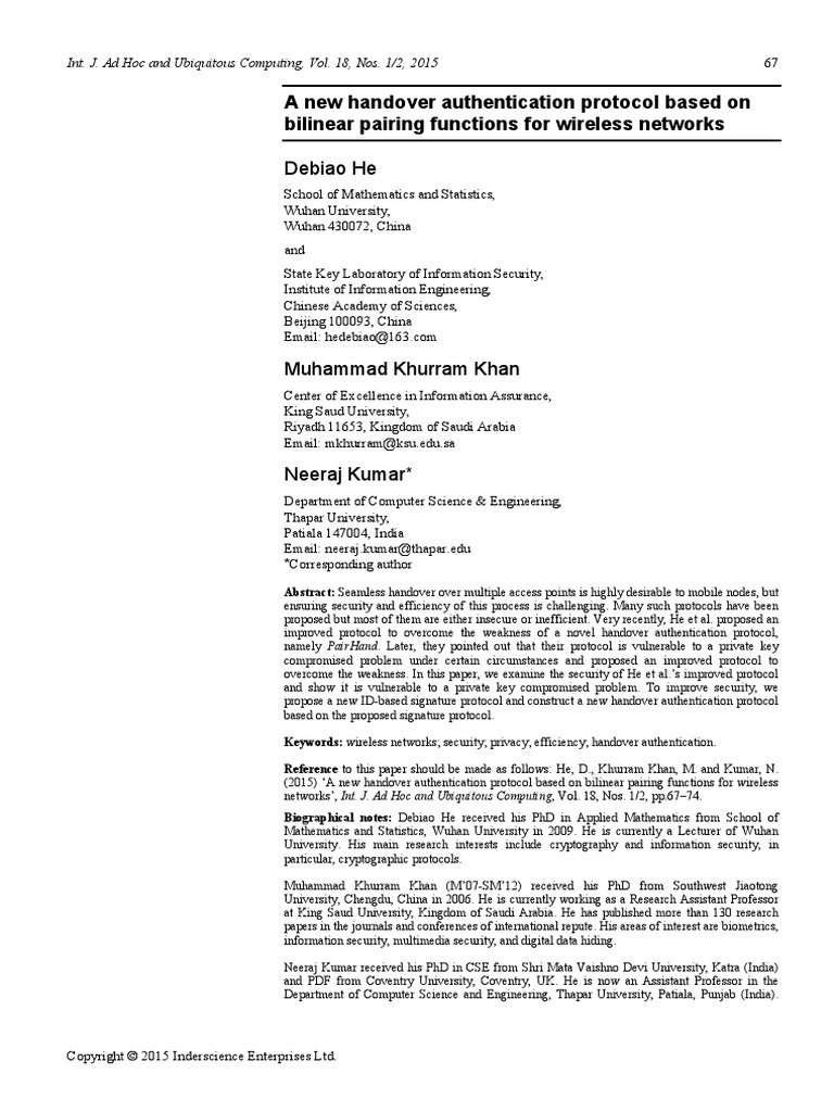 Debiao He: A New Handover Authentication Protocol Based On Bilinear Pairing Functions For ...