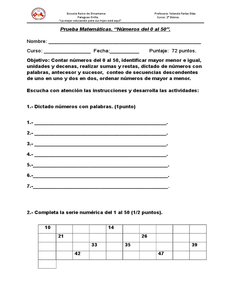 Prueba Números Hasta El 50 2 BASICO | PDF | Deportes | Ocio