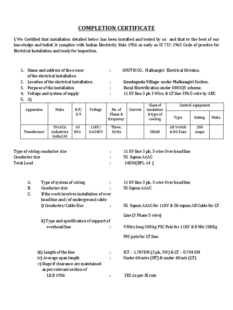 Completion Certificate Goudaguda | PDF | Electrical Wiring | Power ...