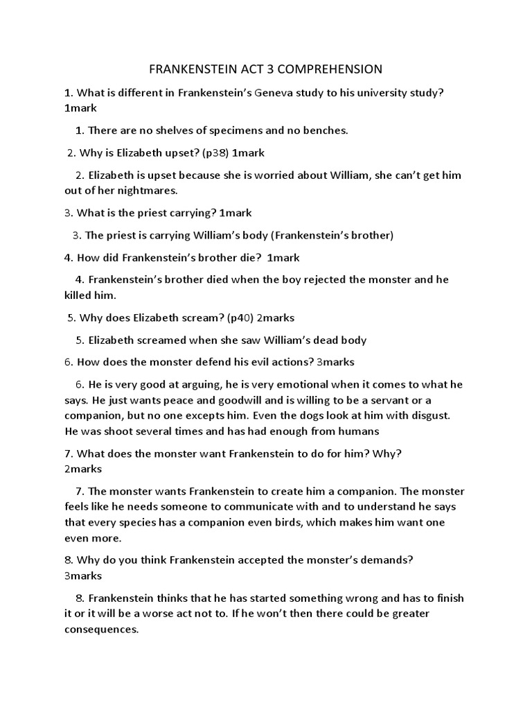 Act 3 Comprehension of Frankenstein | PDF | General Fiction