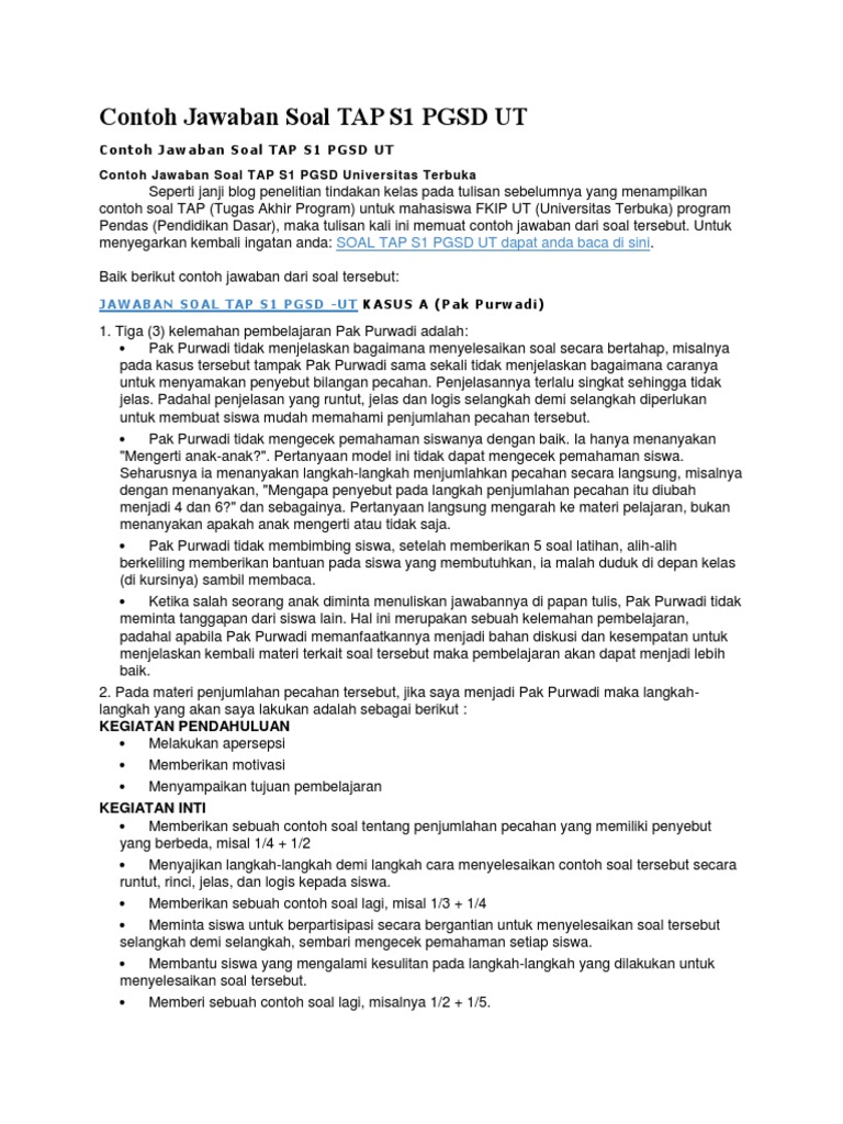 Contoh Jawaban Soal TAP S1 PGSD UT | PDF