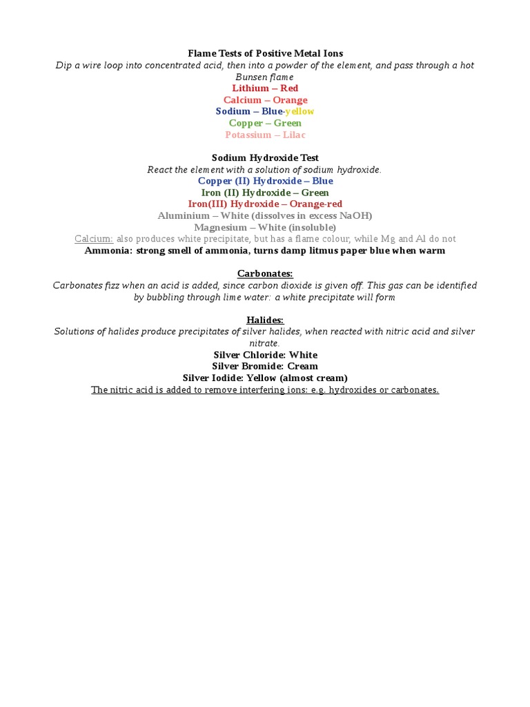Flame Tests of Positive Metal Ions | PDF