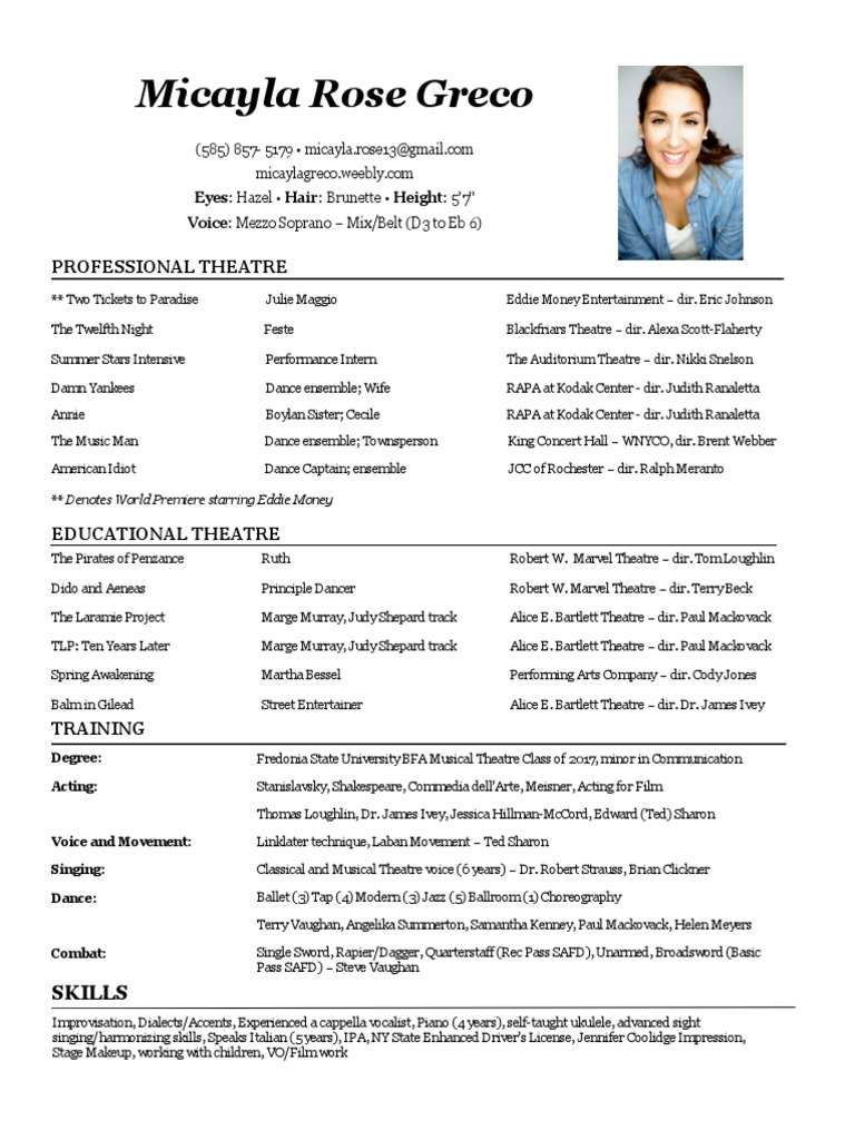Musical Theatre Resume of Micayla Greco | PDF | Leisure | Theatre