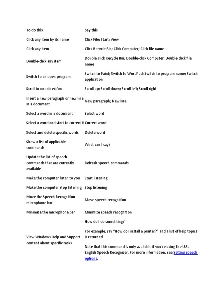 Speech Recognition Commands | PDF