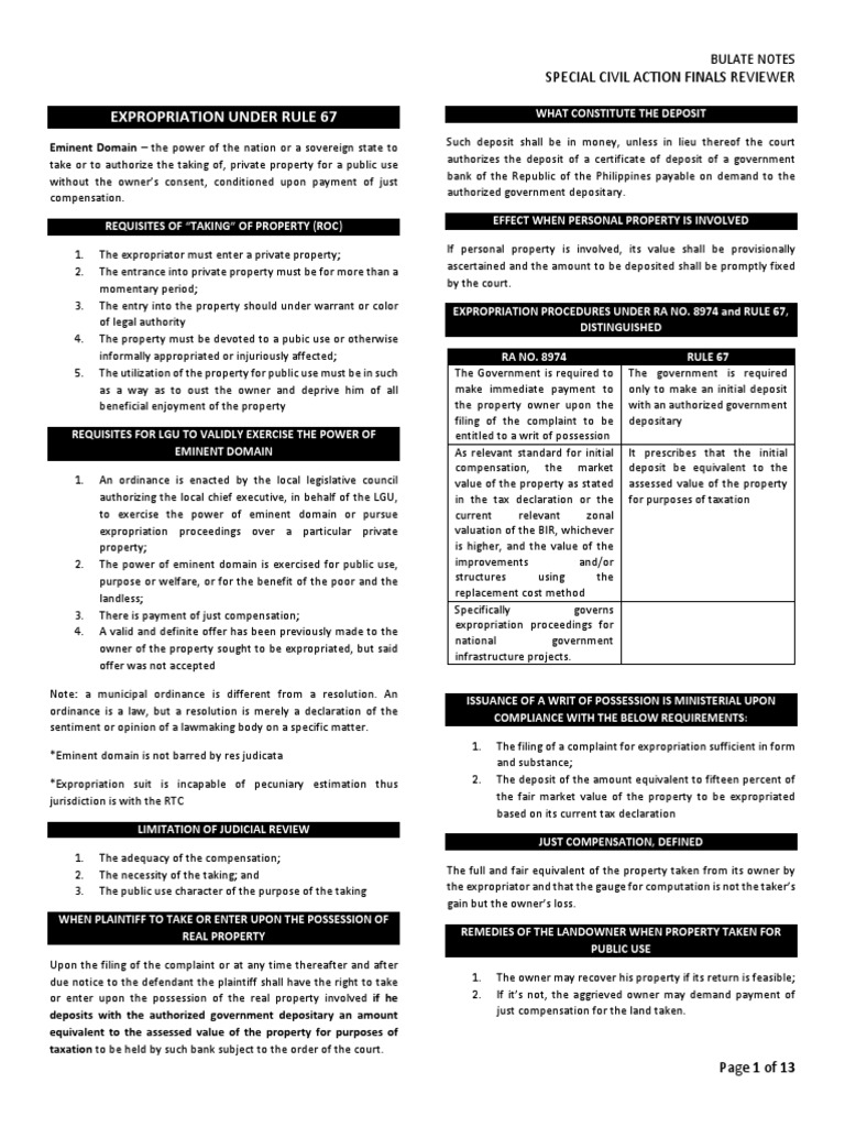 Expropriation Under Rule 67: Special Civil Action Finals Reviewer | PDF ...