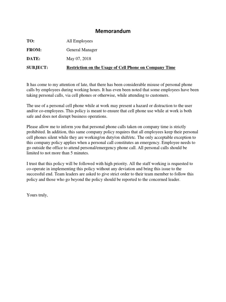 Cell Phone Usage Policy Memo | PDF