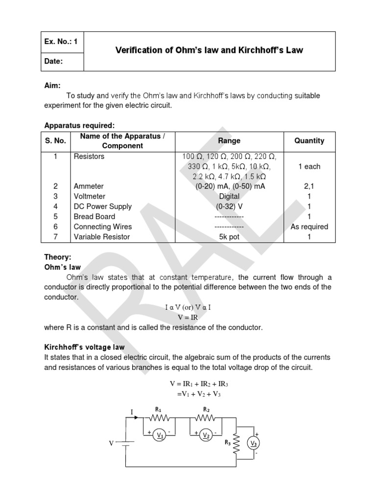 Exp 1 Verification of Ohm's and Kirchhoff's Laws | PDF | Series And ...