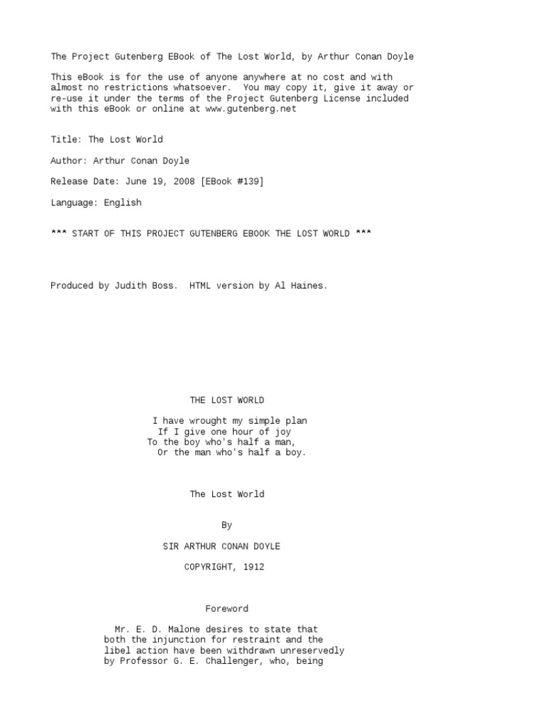 The Lost World by Sir Arthur Conan Doyle | PDF | Project Gutenberg ...