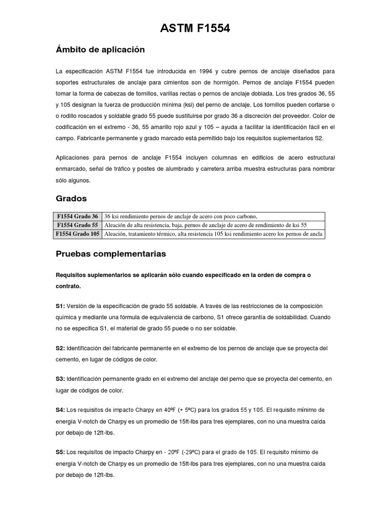Certificacion y Propiedades Astm f1554 | PDF | Acero | Tornillo