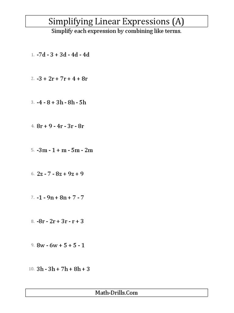 Simplifying Linear Expressions Worksheet | PDF