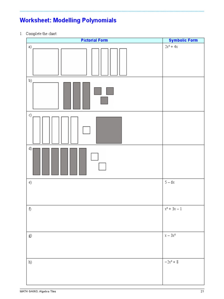 Worksheet: Modelling Polynomials: 1. Complete The Chart: A) 2x + 4x ...