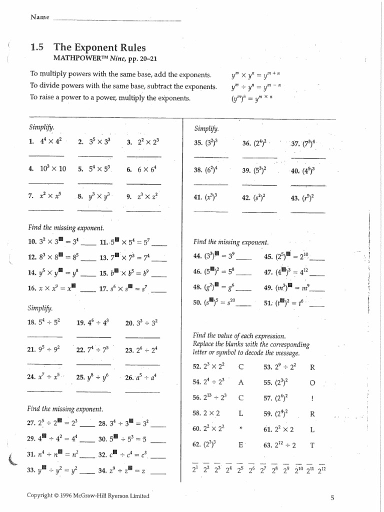 Exponent Rules Worksheet | PDF