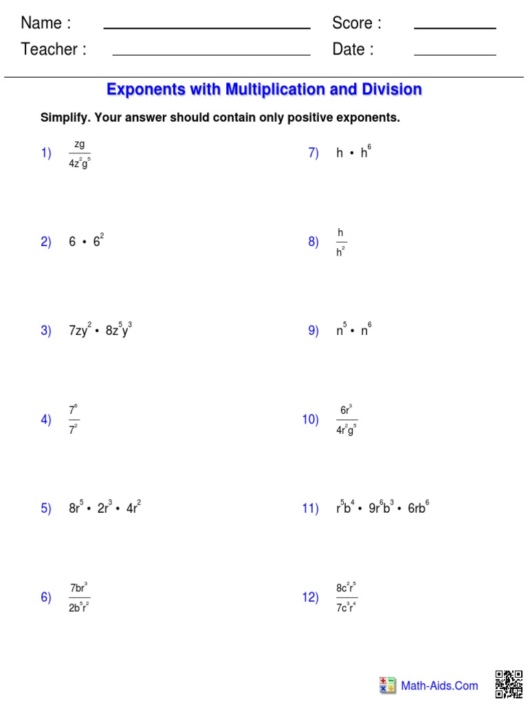 Exponents: Multiplication & Division Practice | PDF | Elementary ...