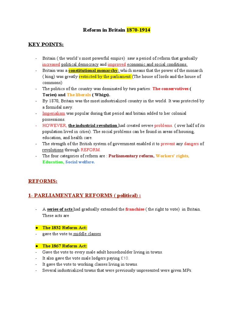 Reform in Britain Key Points:: Increased Improved | PDF | Radicalism ...