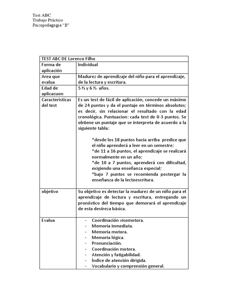 Test ABC de Lorenzo Filho | PDF | Lectura (proceso) | Memoria