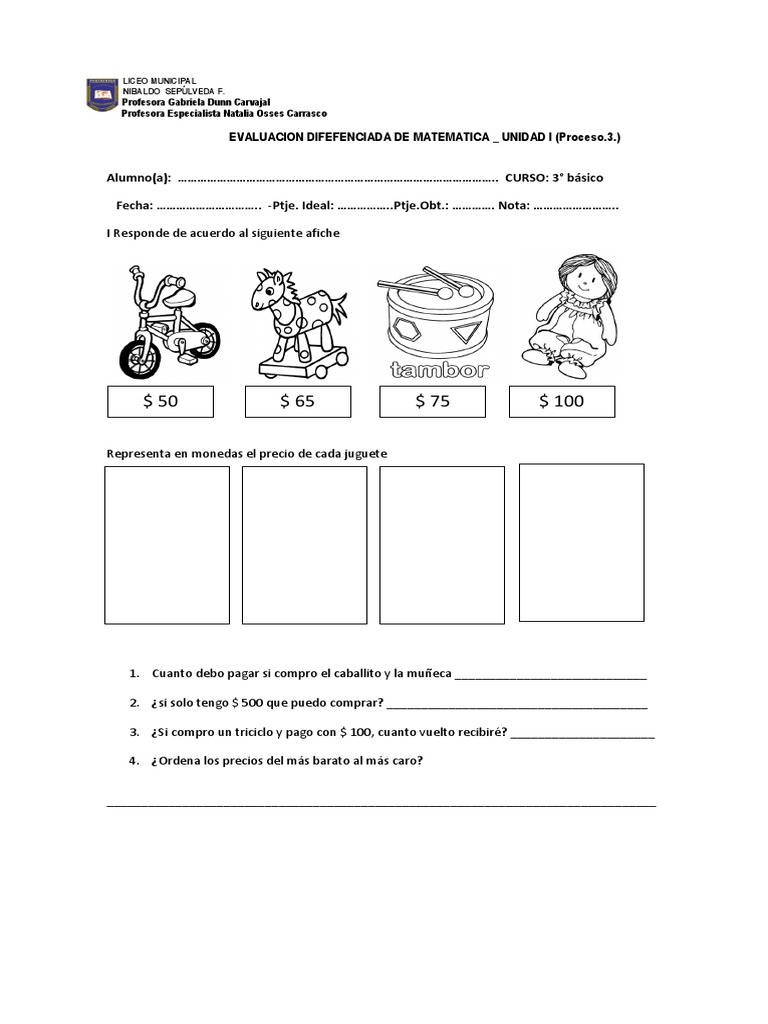 Evaluacion de Monedas Tercero Basico | PDF