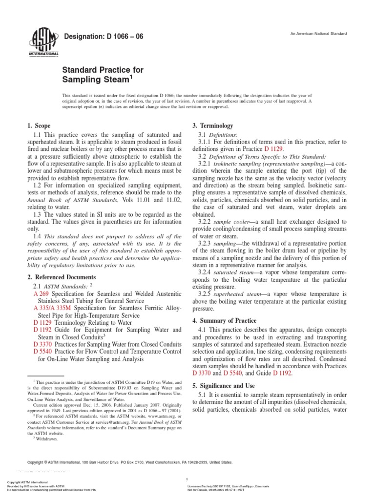 ASTM D 1066 - STD Practice For Sampling Steam | PDF | Steam | Pipe ...