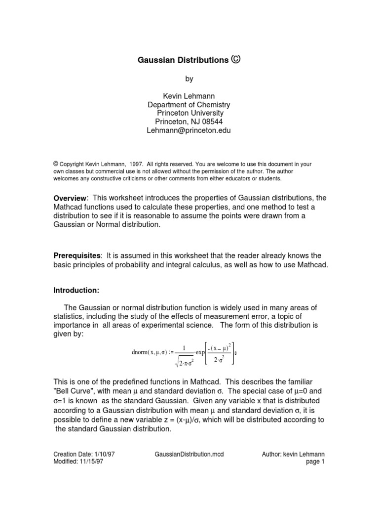 Gaussian Distributions: Overview: This Worksheet Introduces The ...