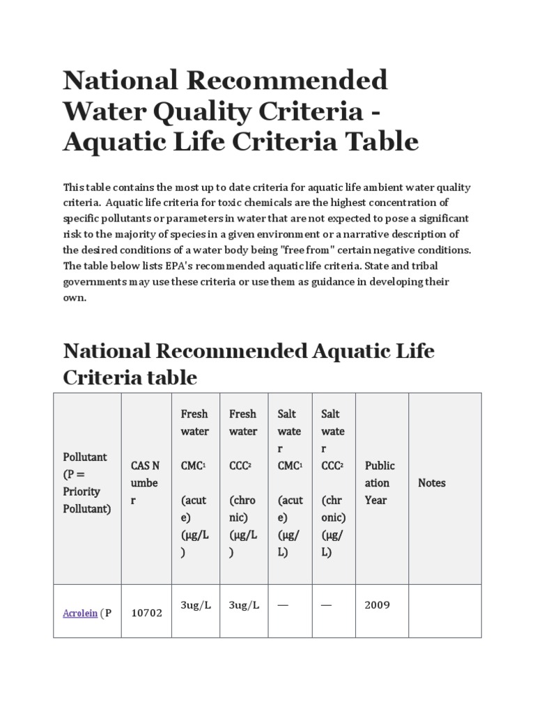 National Recommended Water Quality Criteria | PDF | Water Quality ...