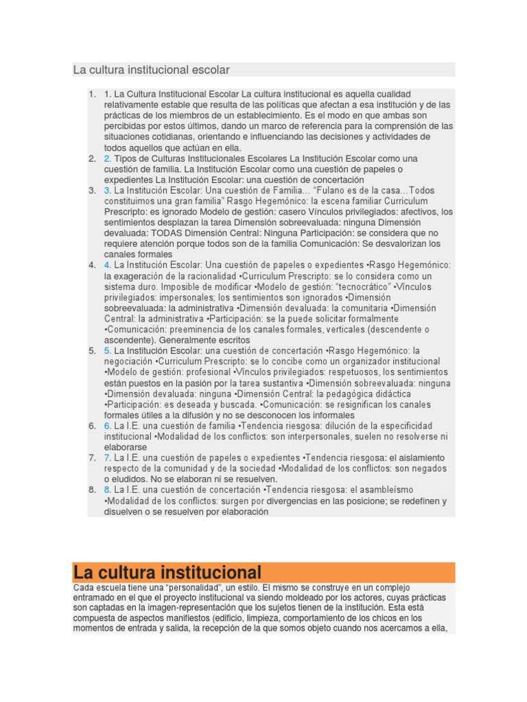 La Cultura Institucional Escolar | PDF | Institución | Plan de estudios