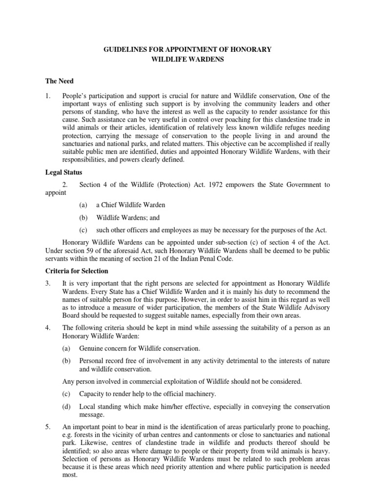 Guidelines for Honorary Wildlife Wardens | PDF | Wildlife | Poaching