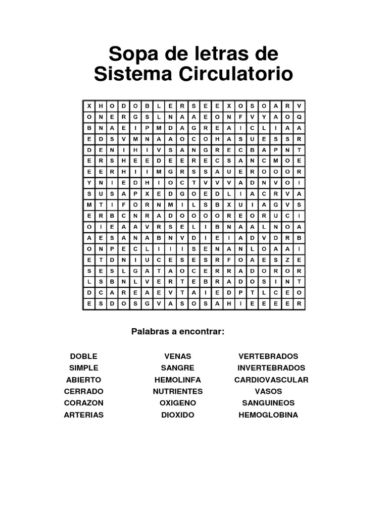 Sopa de Letras de Sistema Circulatorio 105 | PDF