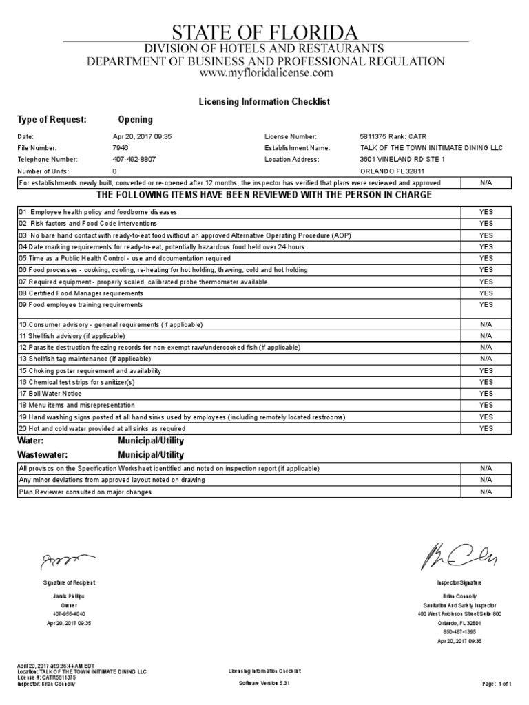 Licensing Checklist for Dining Establishments | PDF | Foods | Public Health