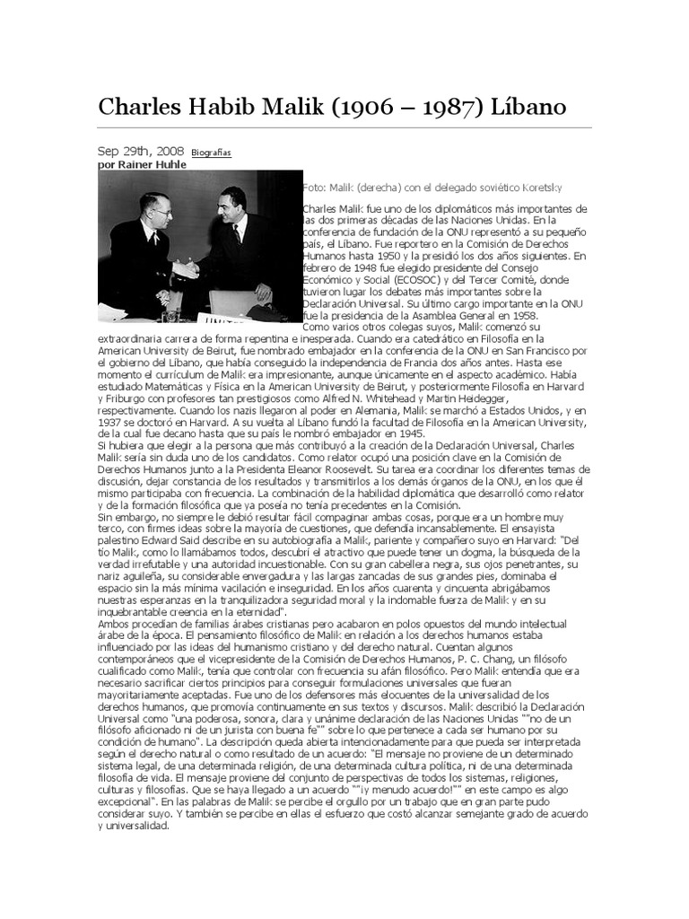 Charles Habib Malik Biografia | PDF | Derechos humanos | Naciones Unidas