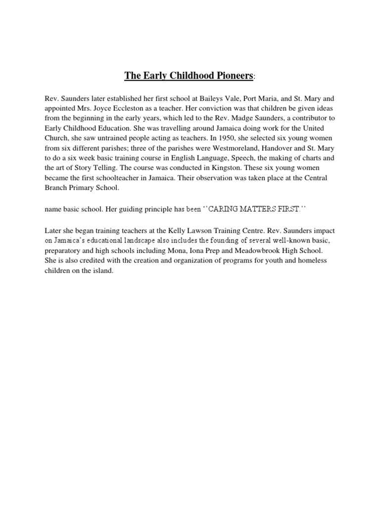 The Early Childhood Pioneers | PDF | Early Childhood Education | Jamaica