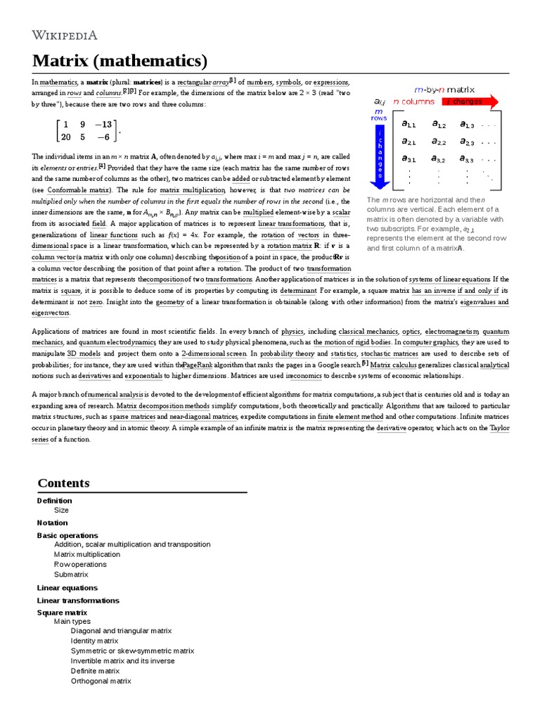 Wikipedia: Matrix | Download Free PDF | Determinant | Matrix (Mathematics)