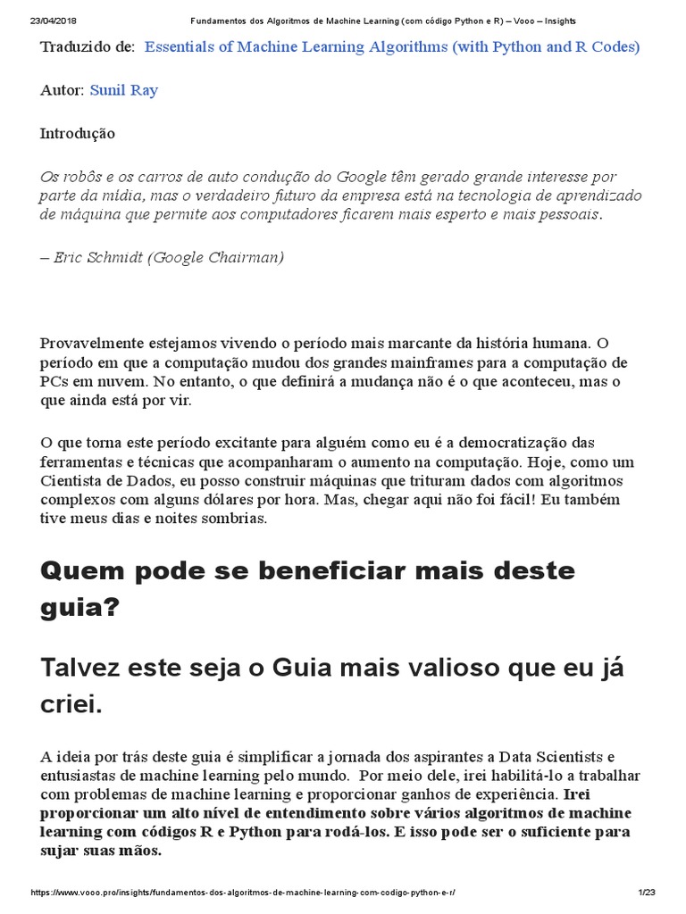 Fundamentos Dos Algoritmos de Machine Learning (Com Código Python e R) - Vooo - Insights | PDF ...