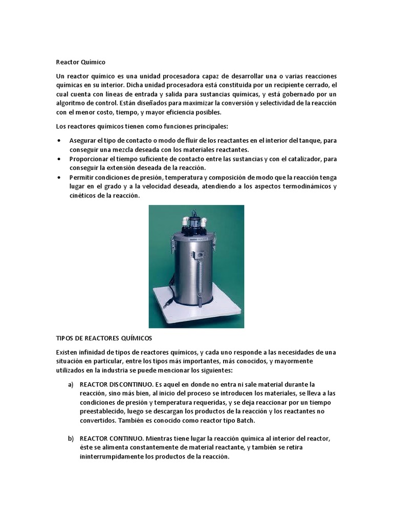 Reactor Químico | PDF | Reactor Quimico | Reacciones químicas
