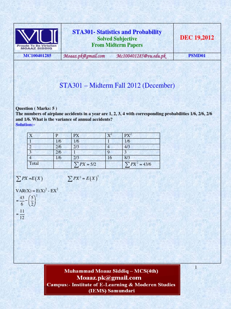 STA301 - Midterm Fall 2012 (December) : STA301-Statistics and ...