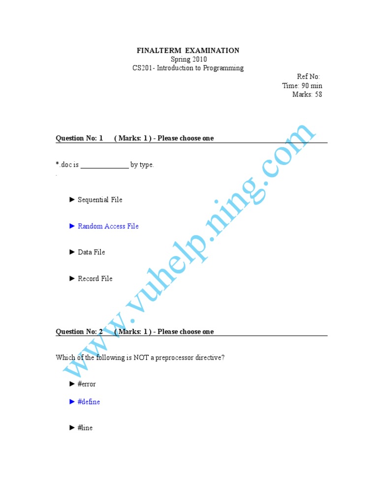 Spring 2010 CS201-Introduction To Programming Ref No: Time: 90 Min Marks: 58 | PDF | Class ...