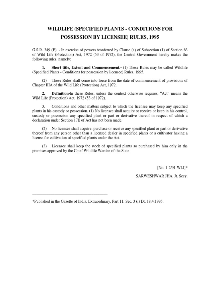 Wildlife Plant Possession Rules 1995 | PDF | Law