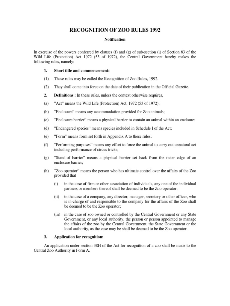 Recognition of Zoo Rules, 1992 | PDF | Zoo | Physical Examination