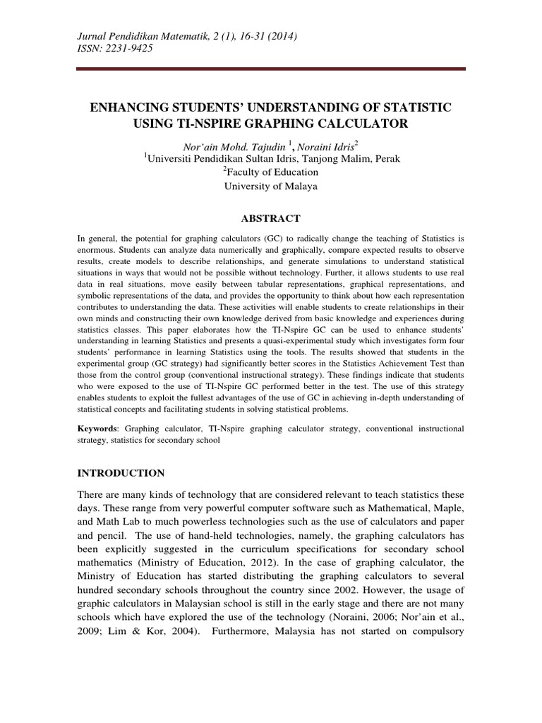 Enhancing Students' Understanding of Statistic Using Ti-Nspire Graphing ...