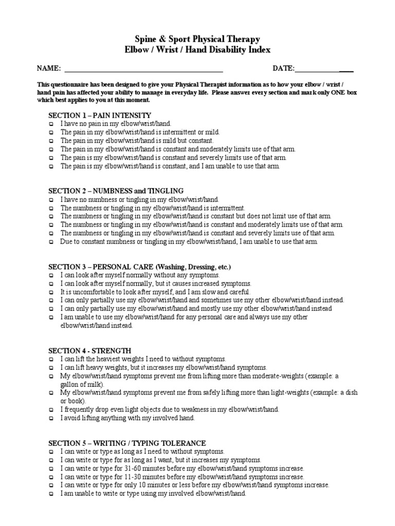 Elbow Wrist Hand Disability Questionnaire | PDF | Paresthesia | Elbow
