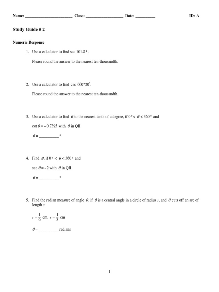 Trigonometry Study Guide 2 | PDF | Angle | Area