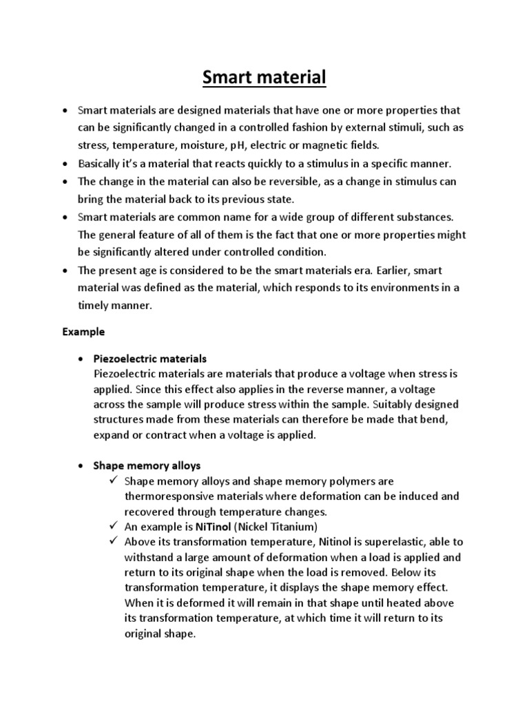 Smart Material: Example Piezoelectric Materials | PDF | Shape Memory ...