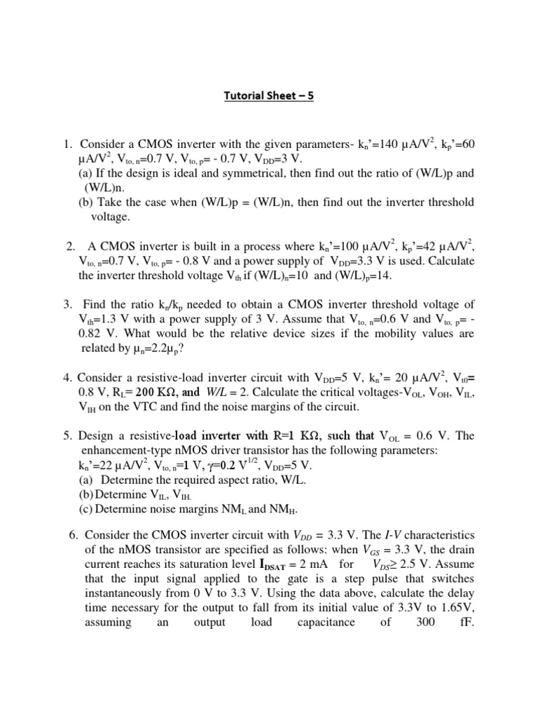 Tutorial Sheet 5 | PDF | Cmos | Mosfet