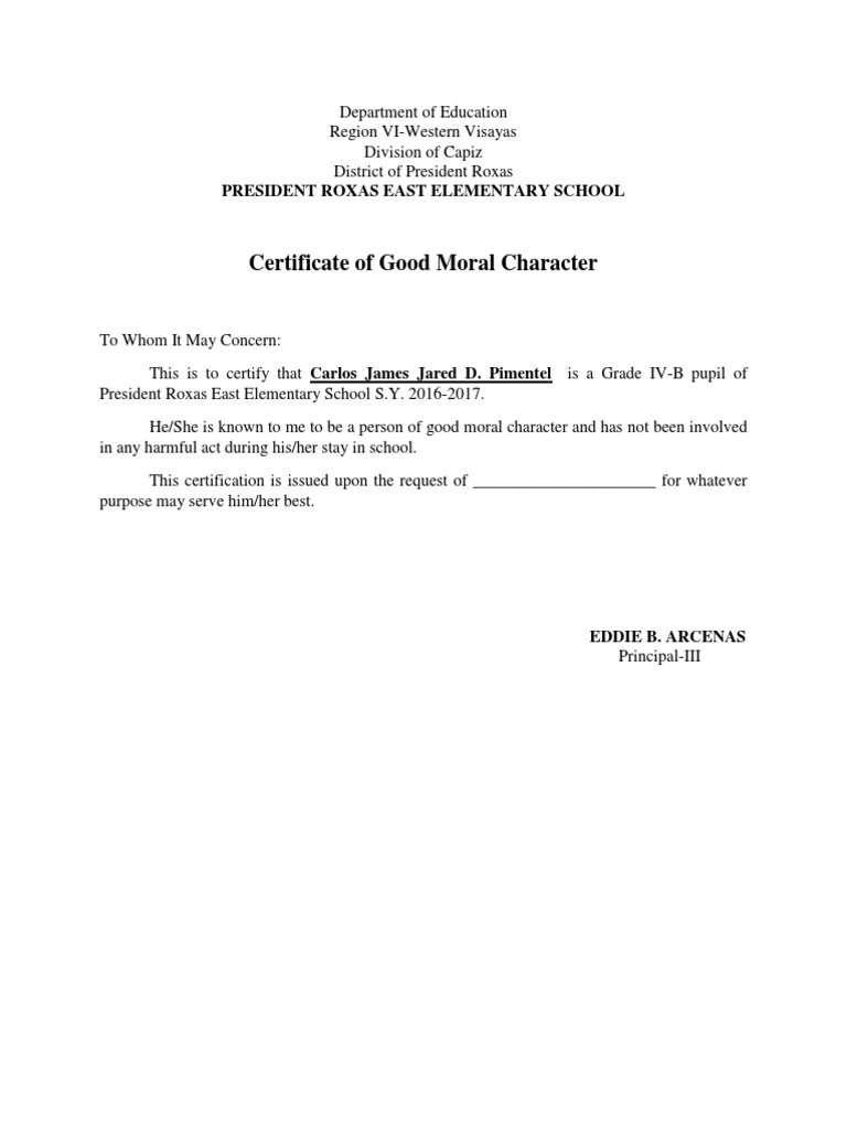 Certificate of Good Moral Character | PDF | Schools