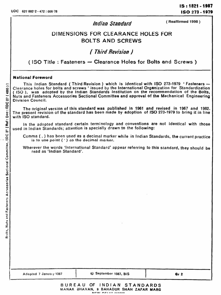 Clearance Hole Dimensions for Bolts | PDF | Engineering Tolerance | Screw
