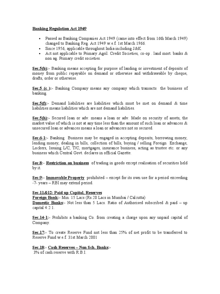 Banking Regulation Act 1949 | PDF | Reserve Bank Of India | Loans