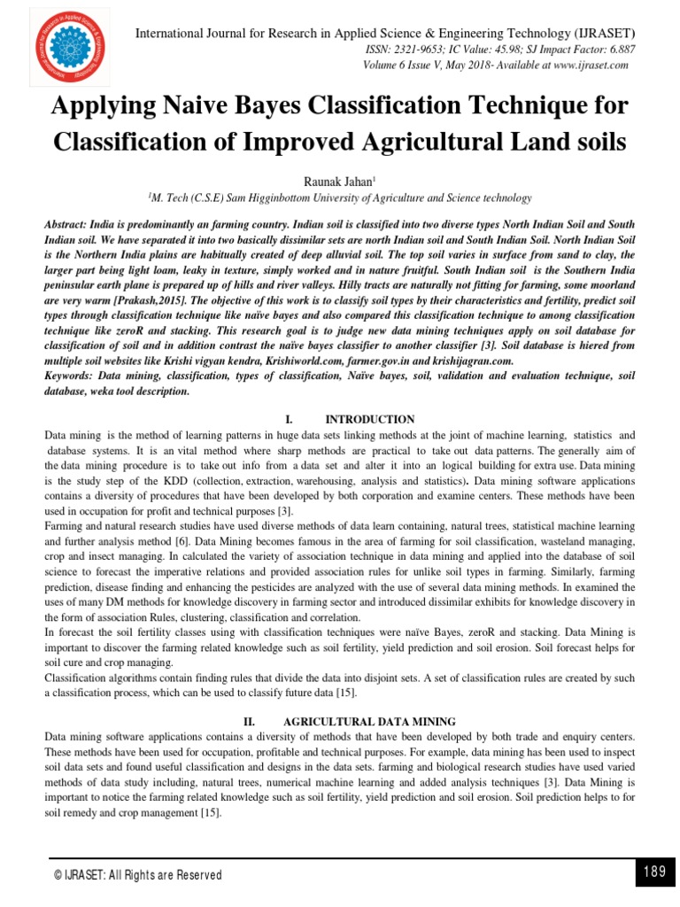 Applying Naive Bayes Classification Technique For Classification of Improved Agricultural Land ...