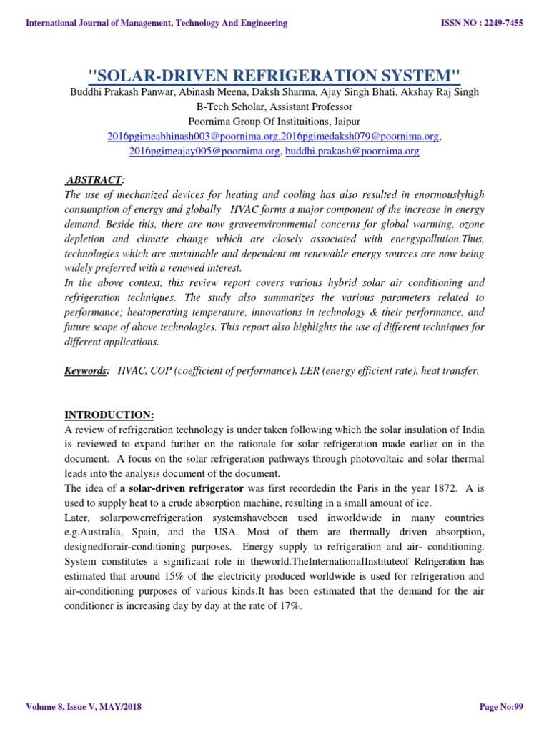 Solar-Driven Refrigeration System | PDF | Refrigeration | Heat Exchanger